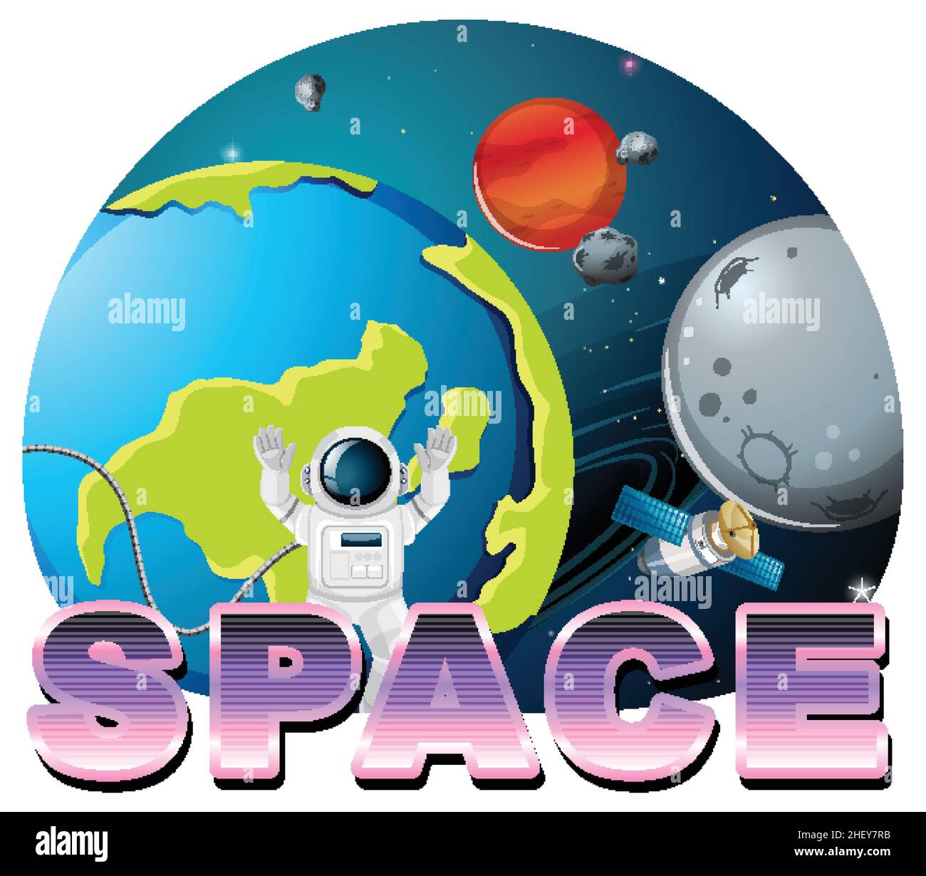 Space word logo design with astronaut and earth illustration Stock ...