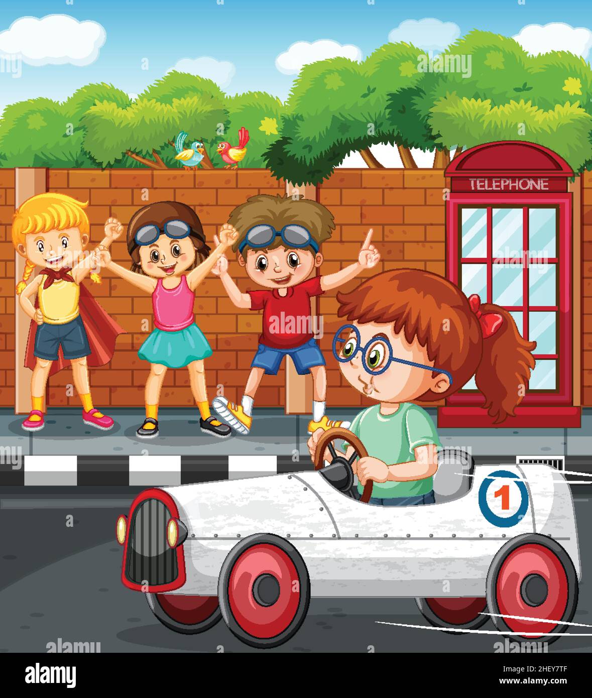 Outdoor scene with children racing car illustration Stock Vector Image ...