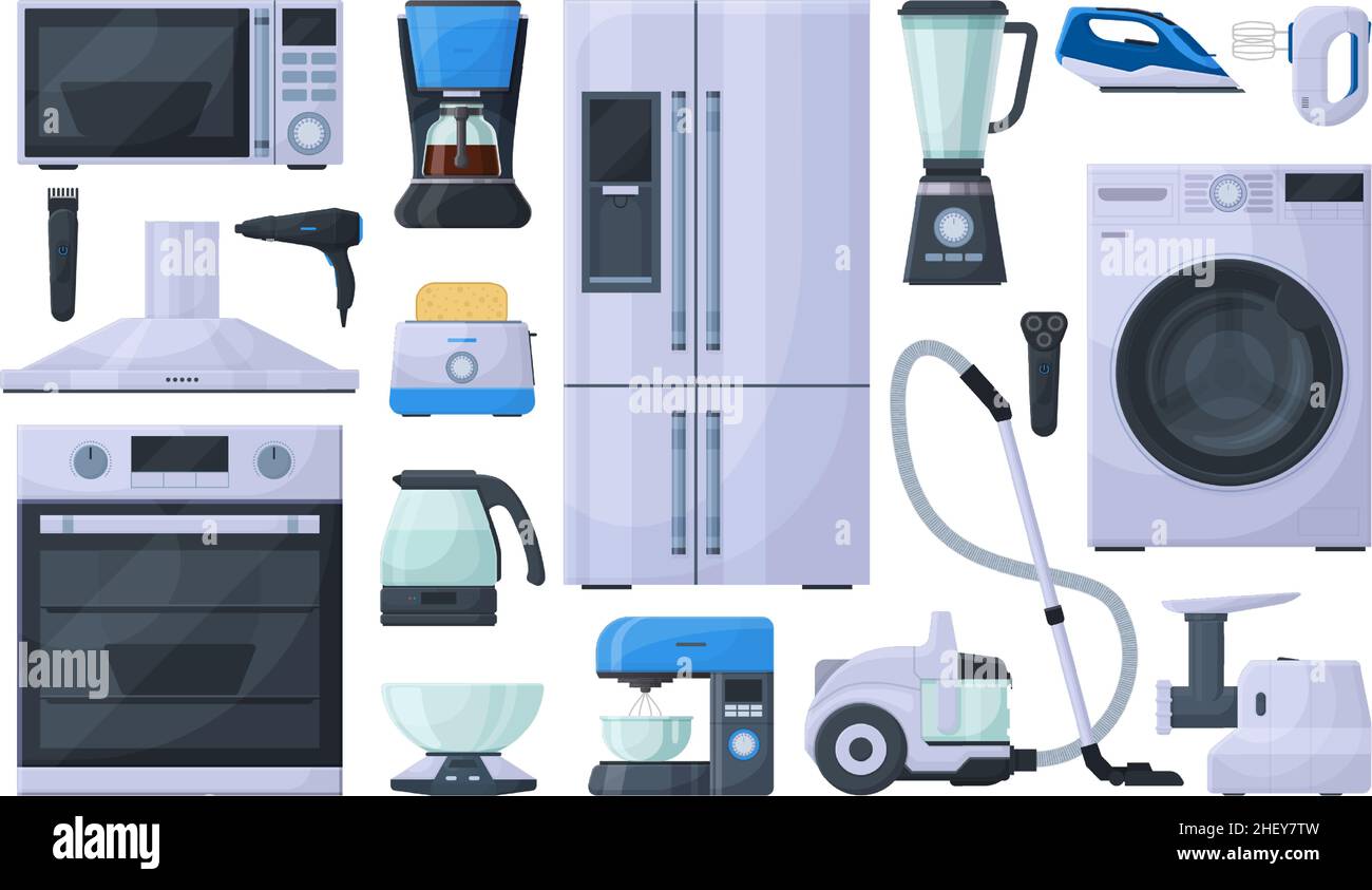 Household appliances, refrigerator, vacuum cleaner and microwave oven ...