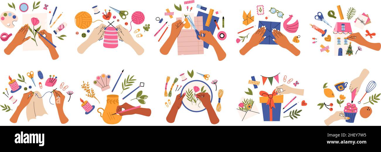 Handmade hobby, hands draw, knit and embroider, creative crafts. Hands ...