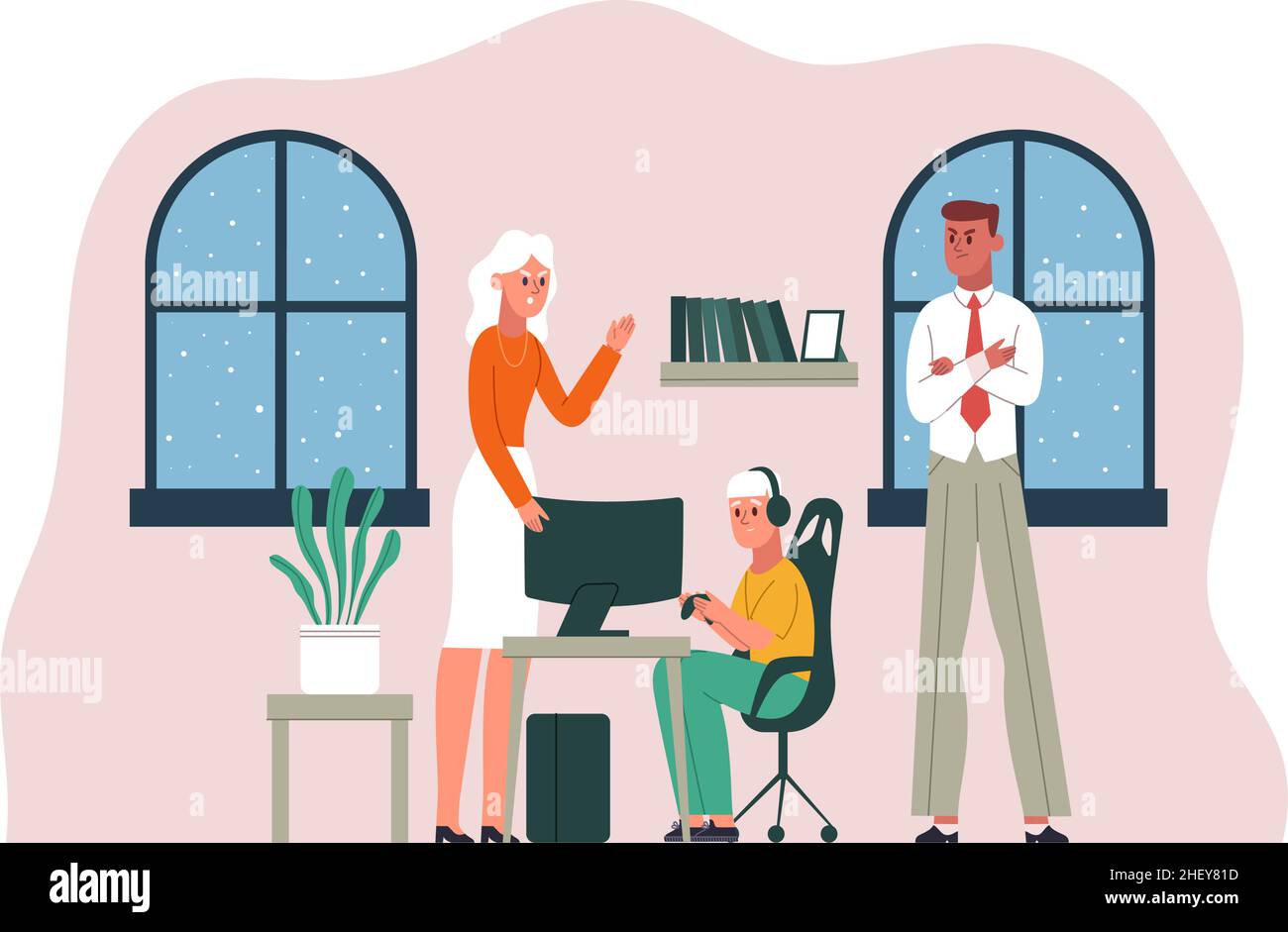 Kid video game addiction, angry parents shouting at young gamer. Video ...