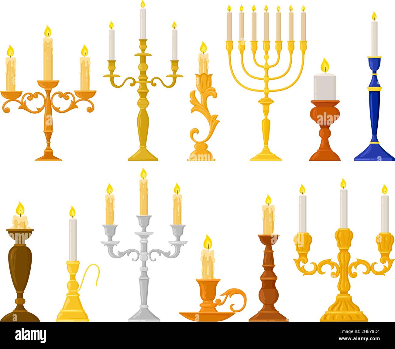 Cartoon ancient candlesticks, wax candle vintage holders. Medieval ...