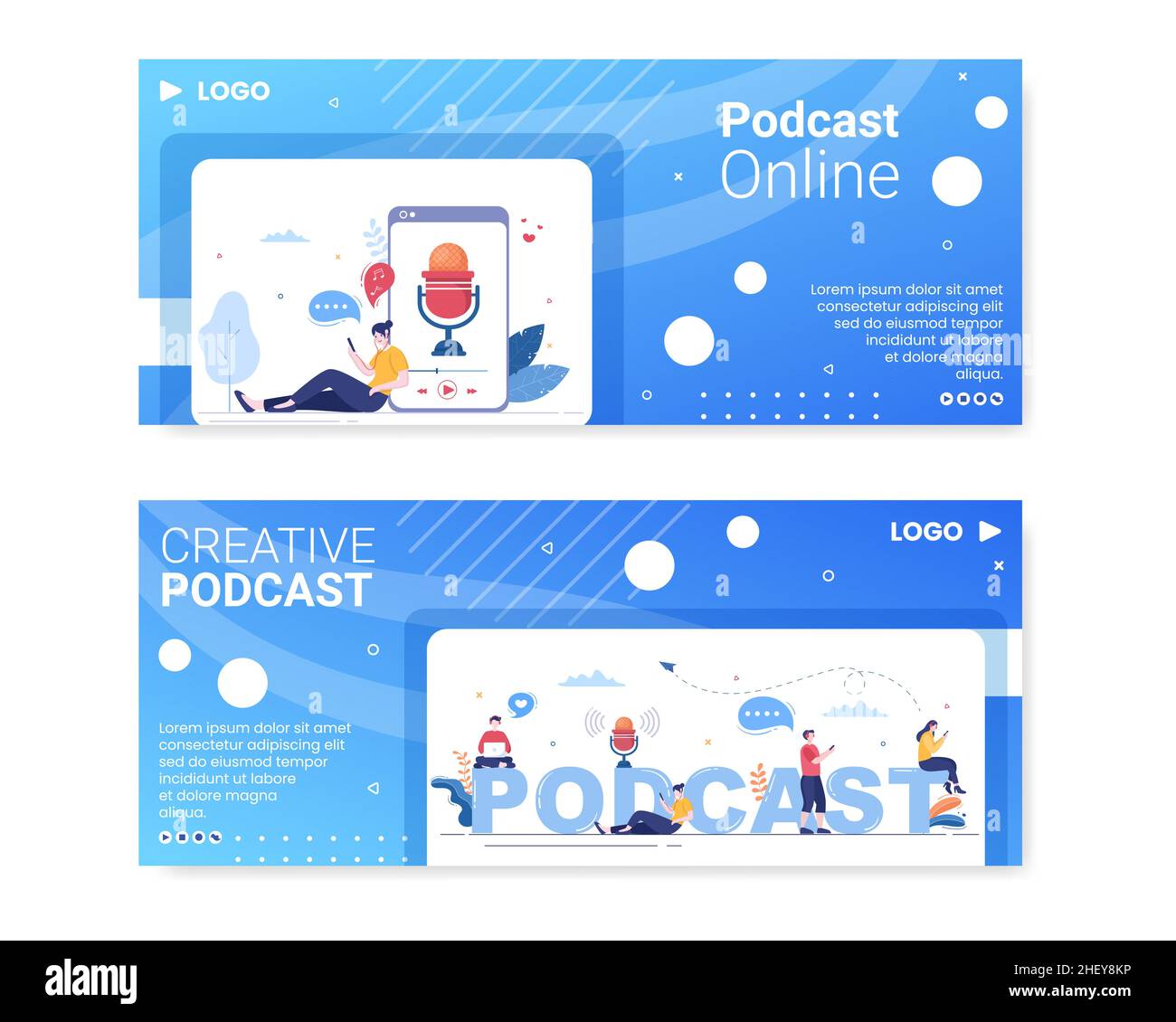 People Using Headset to Podcast Post Template Flat Design Illustration ...