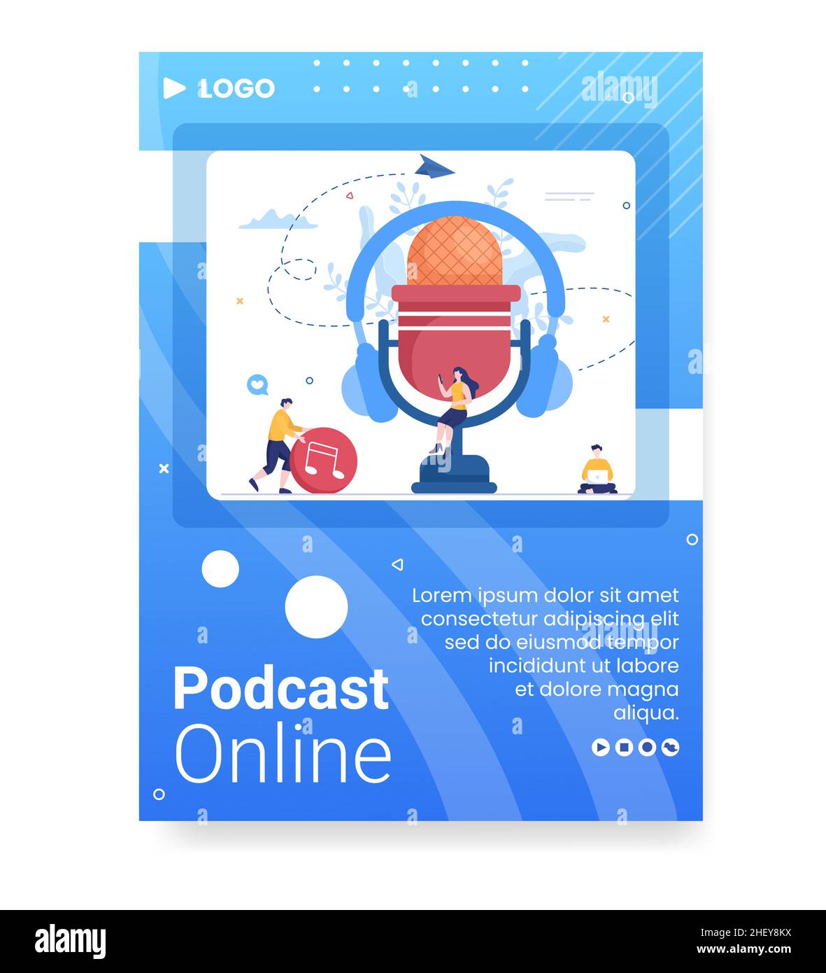 People Using Headset to Podcast Post Template Flat Design Illustration ...