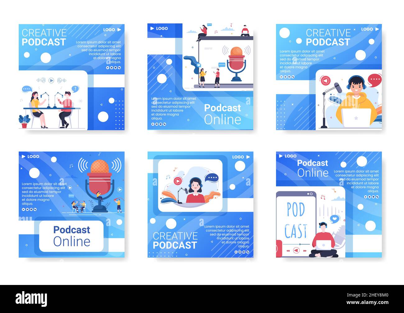 People Using Headset to Podcast Post Template Flat Design Illustration ...