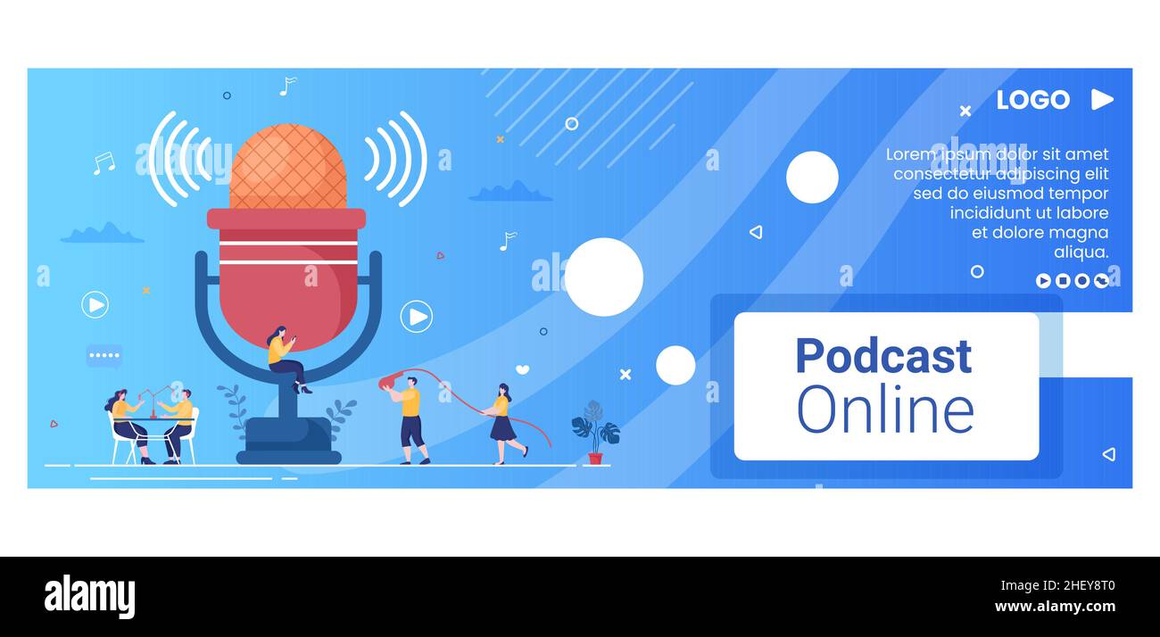 People Using Headset to Podcast Cover Template Flat Design Illustration ...