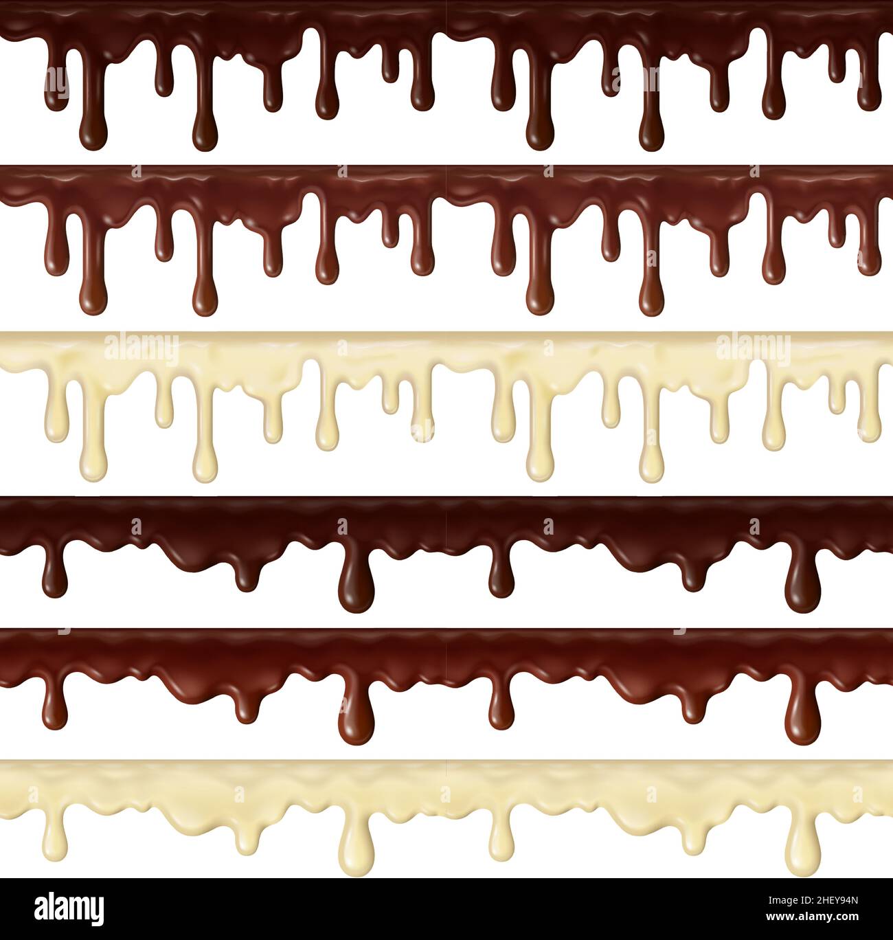 Realistic sweet chocolate dripping, flowing hot chocolate borders. Delicious chocolate drips ...