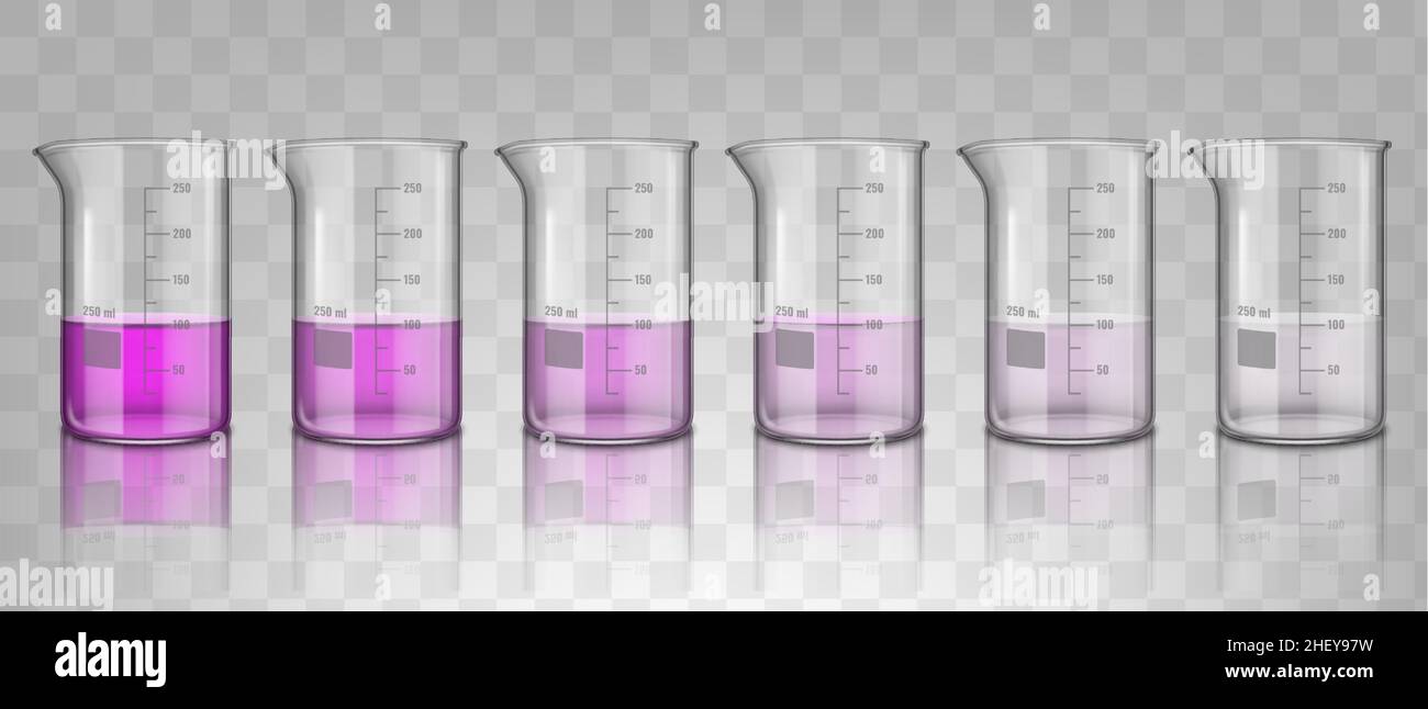 Realistic chemical beakers with solution in different concentration ...