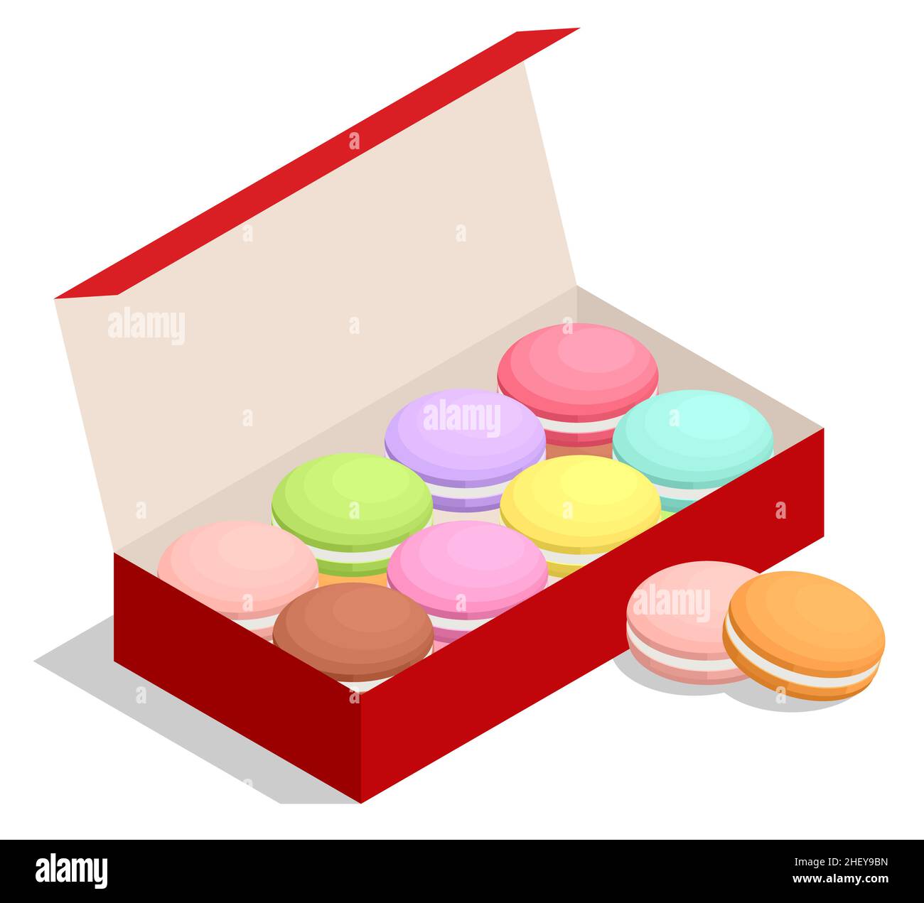 Isometric box with colourful macaroons. Dessert. French macaroon cake ...