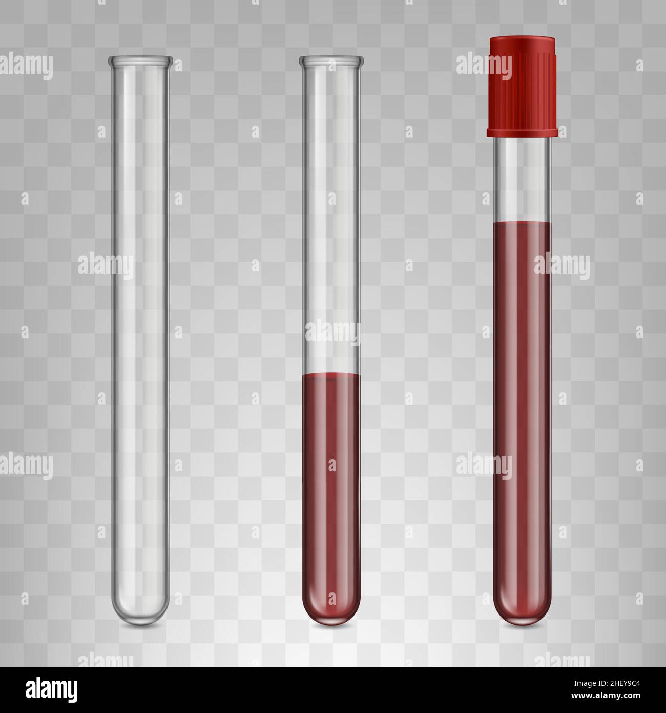 Realistic glass test tubes filled with blood, blood test medical ...