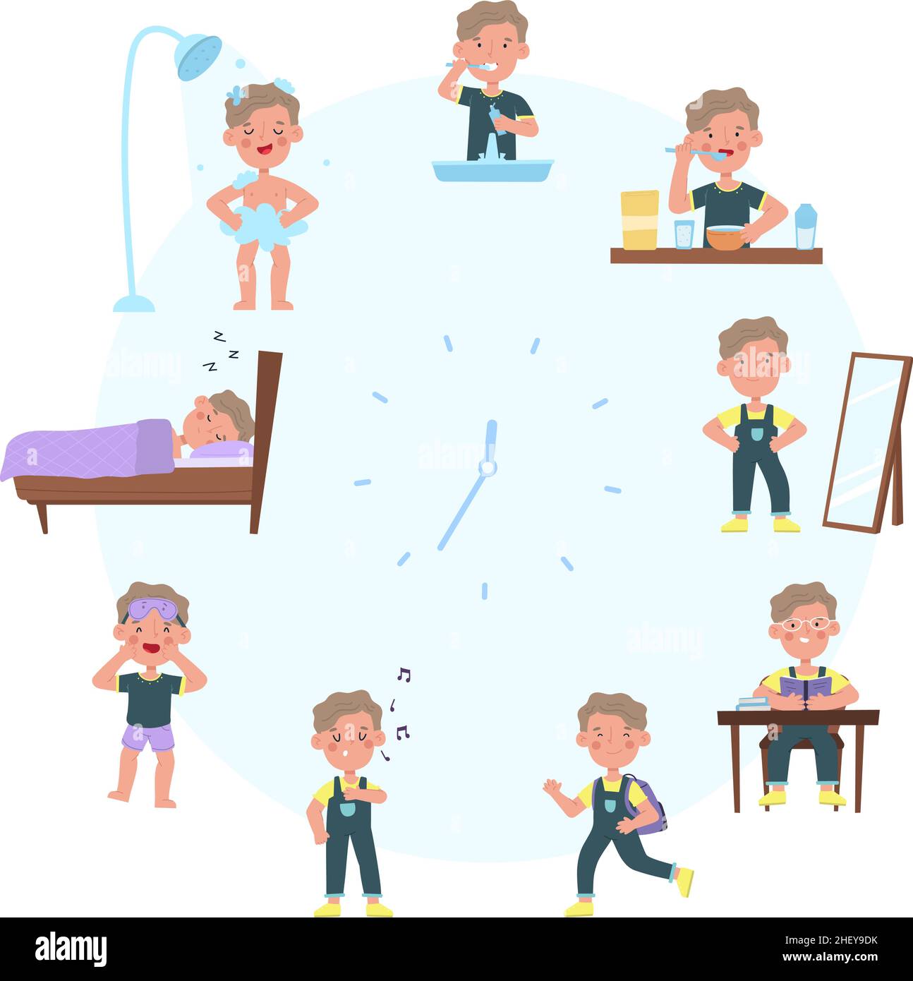Kid daily schedule, little boy routine activities. Clock face boy sleep ...