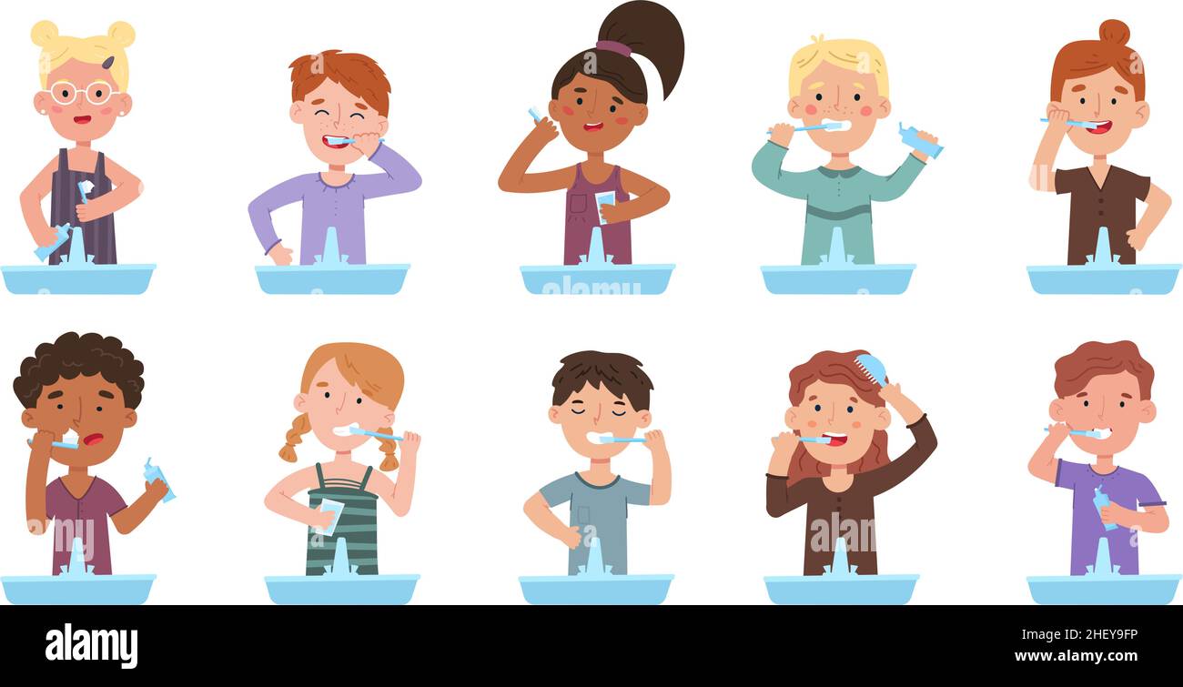 Kids brushing teeth, healthy habits for children dental health. Cute ...