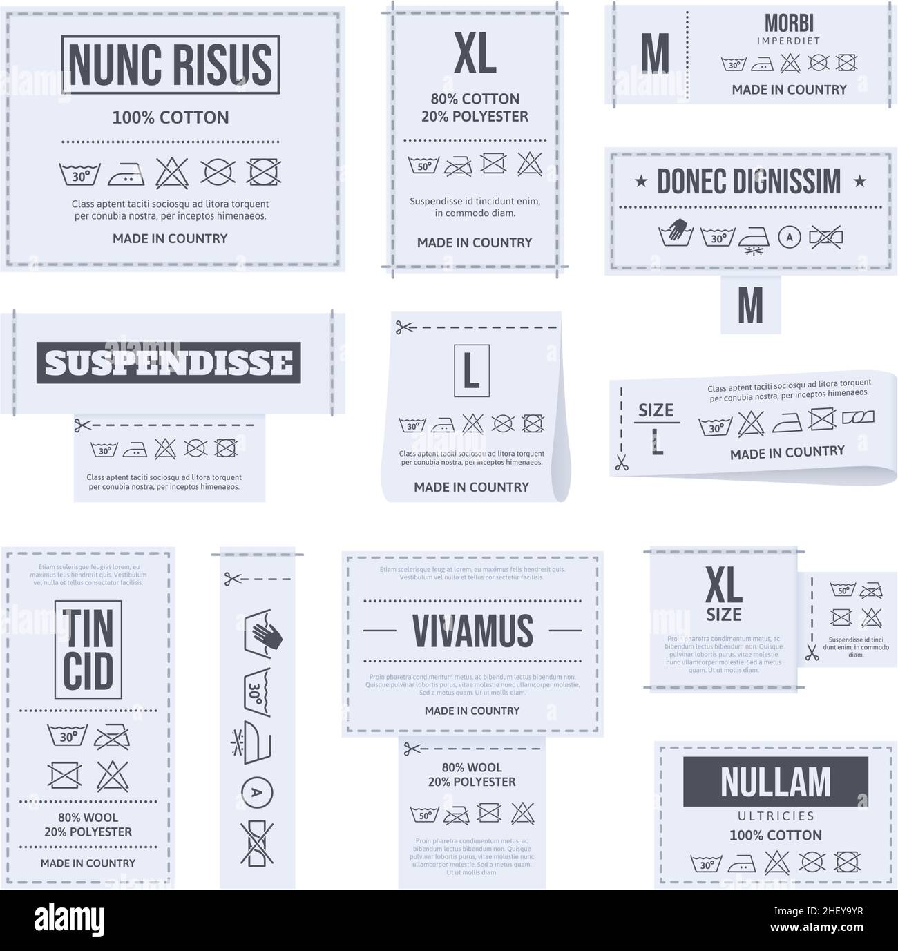 Laundry clothes care labels, textile care instruction symbols. Clothes ...