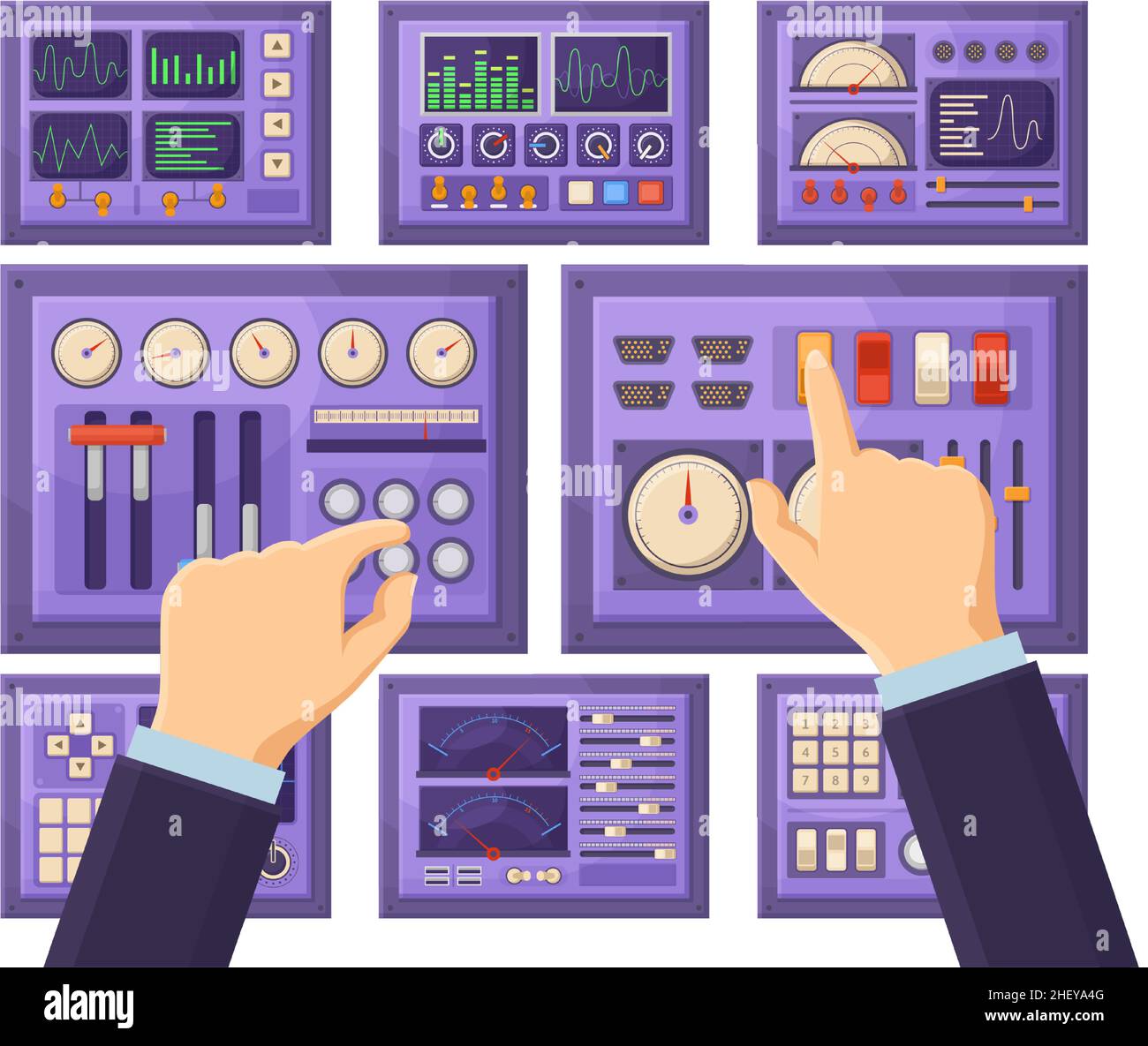 Retro control dashboard panel with operator hands, console connection ...