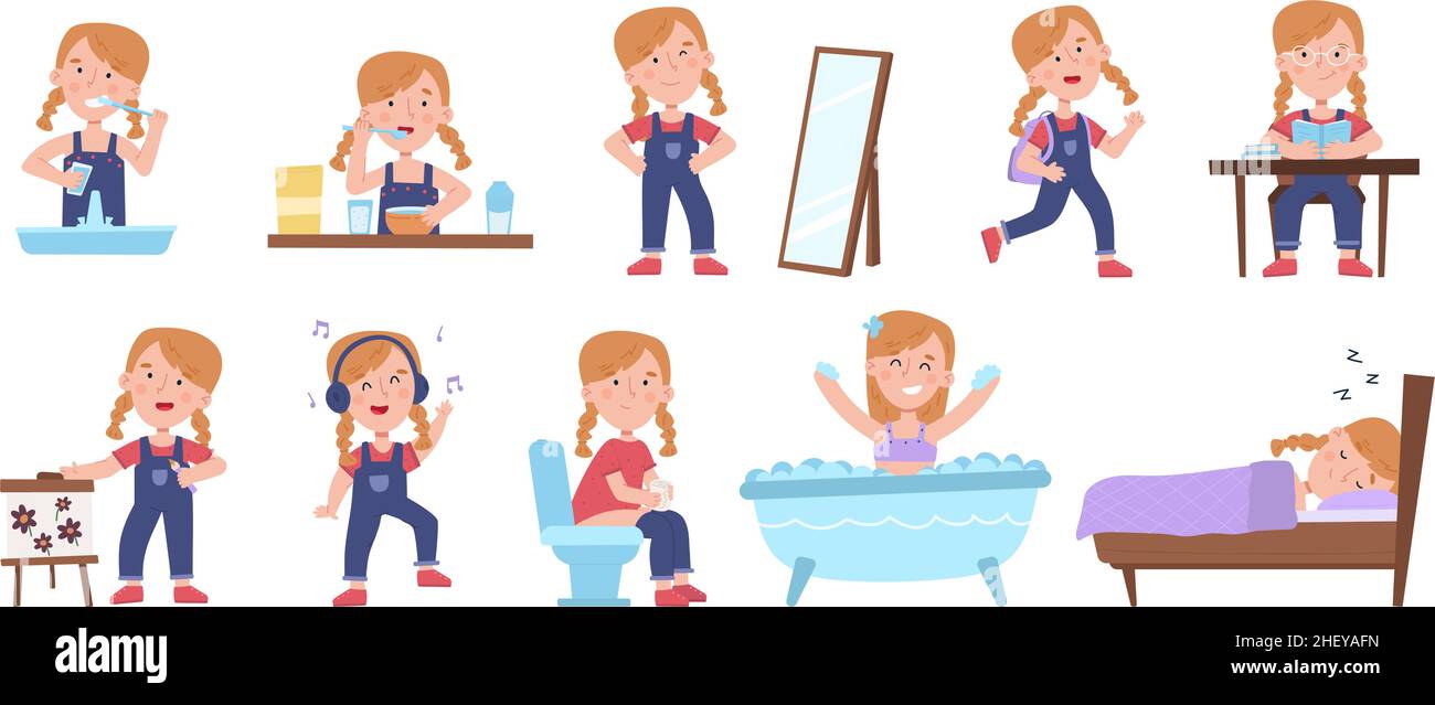 Girl daily routine, kid morning, day and evening schedule. Cute girl ...