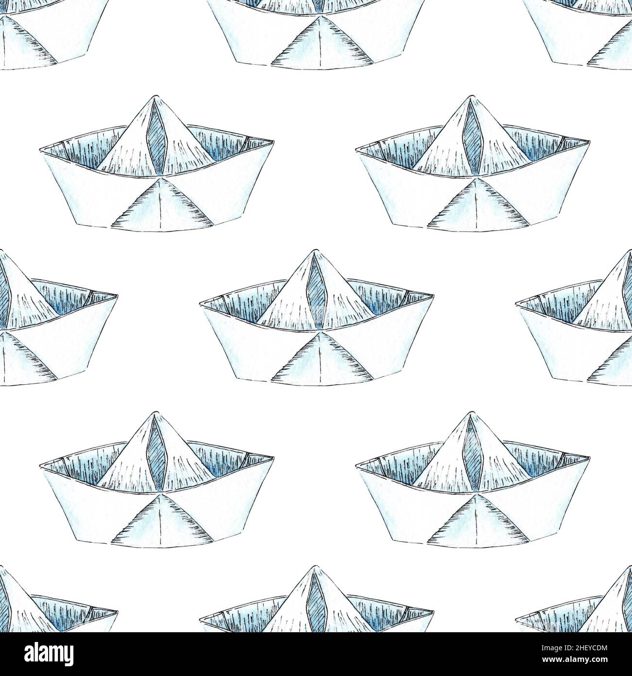 Watercolor illustration of origami paper boat pattern. seamless ...