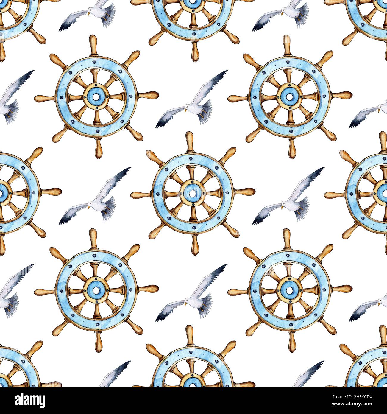 Watercolor illustration pattern of vintage wooden ship steering wheel ...