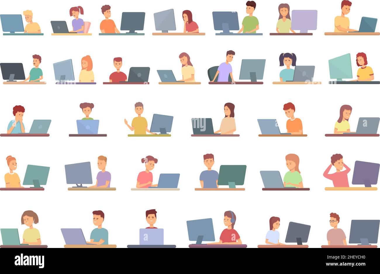 Child at the computer icons set cartoon vector. Kid tablet. Internet ...