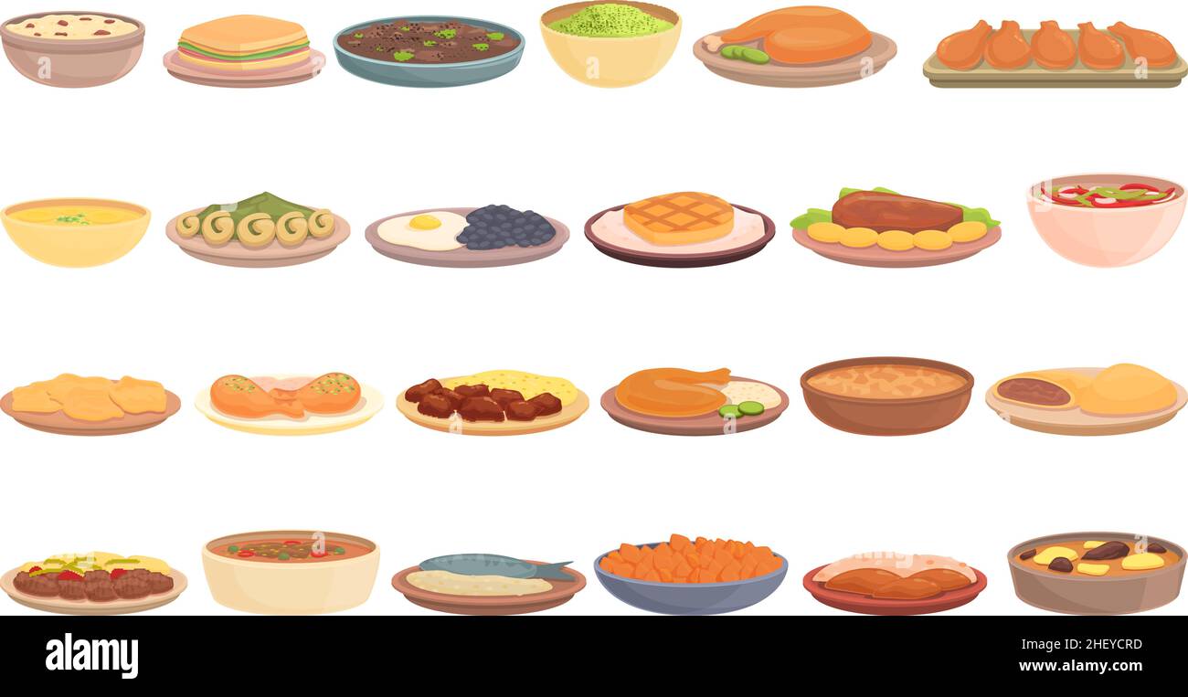 Caribbean cuisine icons set cartoon vector. Rice chicken. Cooking bbq ...