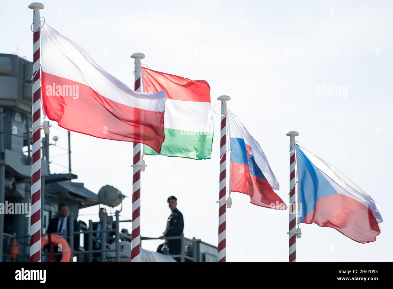 Polish, Hungarian, Slovakian and Czech national flags in Gdynia, Poland ...