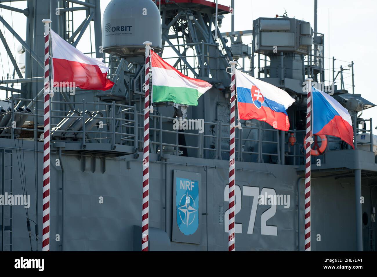 Polish, Hungarian, Slovakian and Czech national flags in Gdynia, Poland ...
