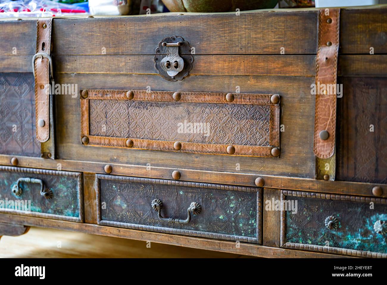 A vintage style boat wood storage box Stock Photo - Alamy