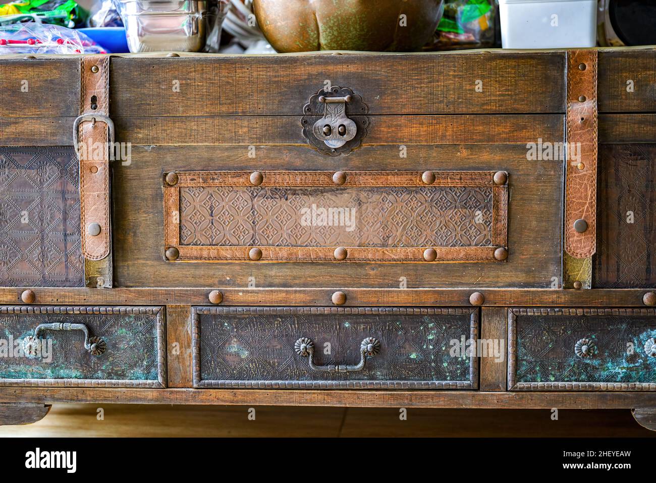 A vintage style boat wood storage box Stock Photo - Alamy