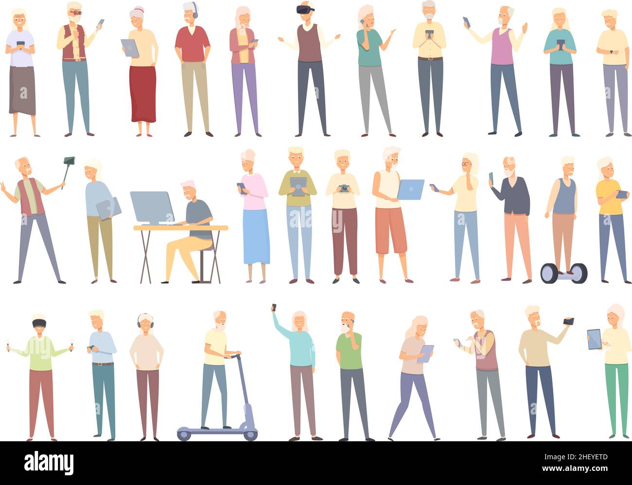 Old people using modern technology icons set cartoon vector. Adult age ...