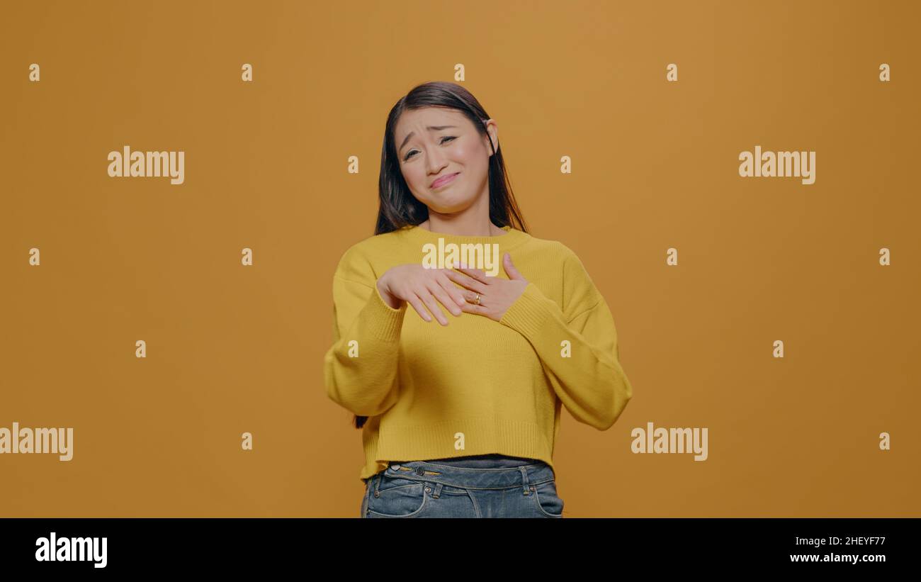 Young person showing appreciation and gratitude on camera, feeling ...