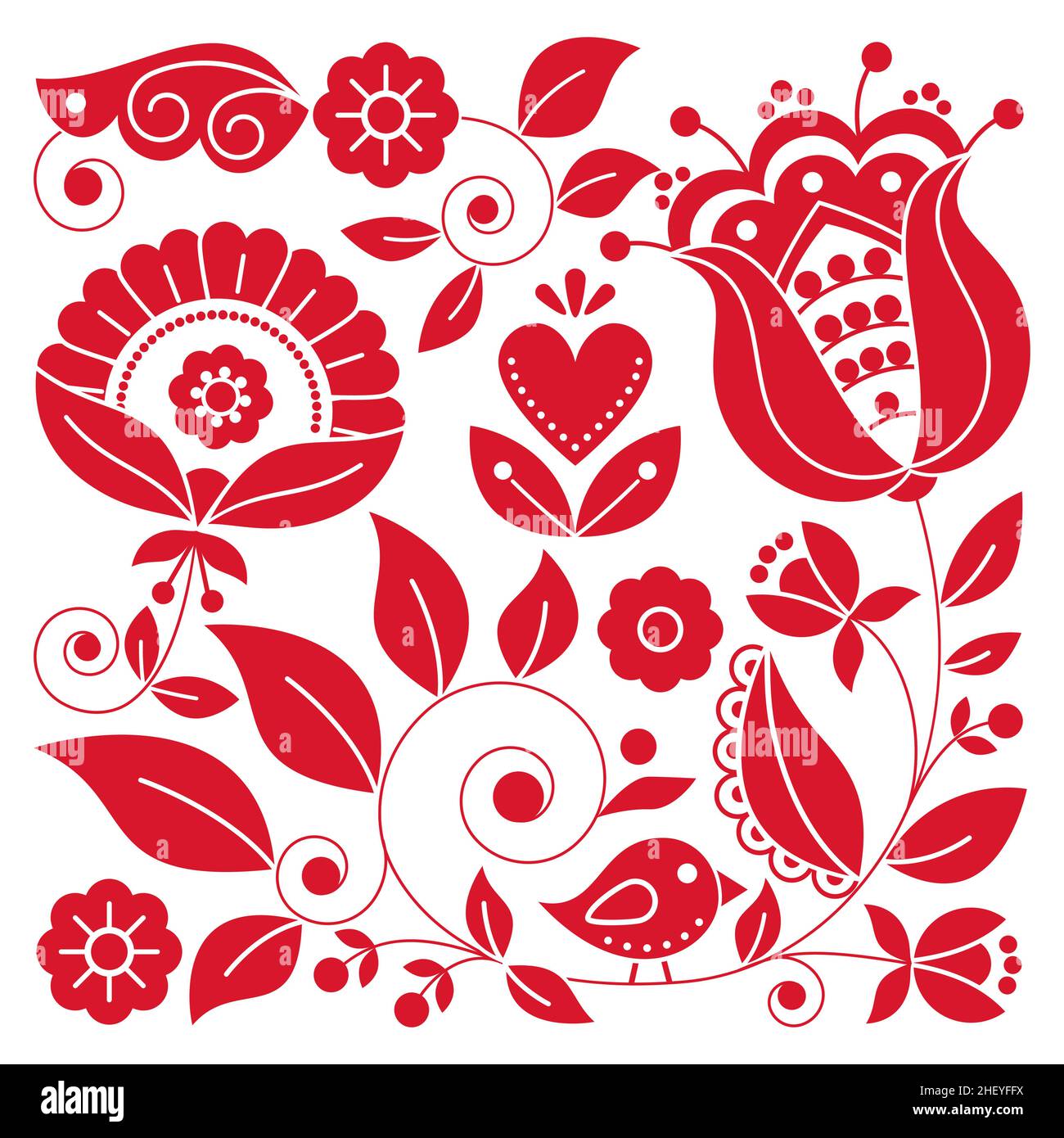 Scandinavian folk art vector square red floral design with bird ...
