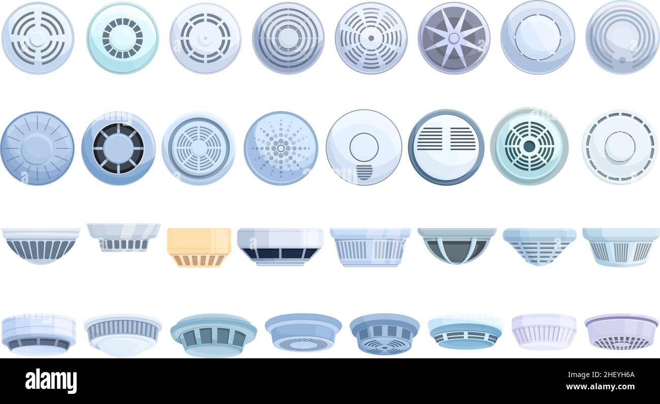Smoke detector icons set cartoon vector. Alarm fire. Accident celling ...