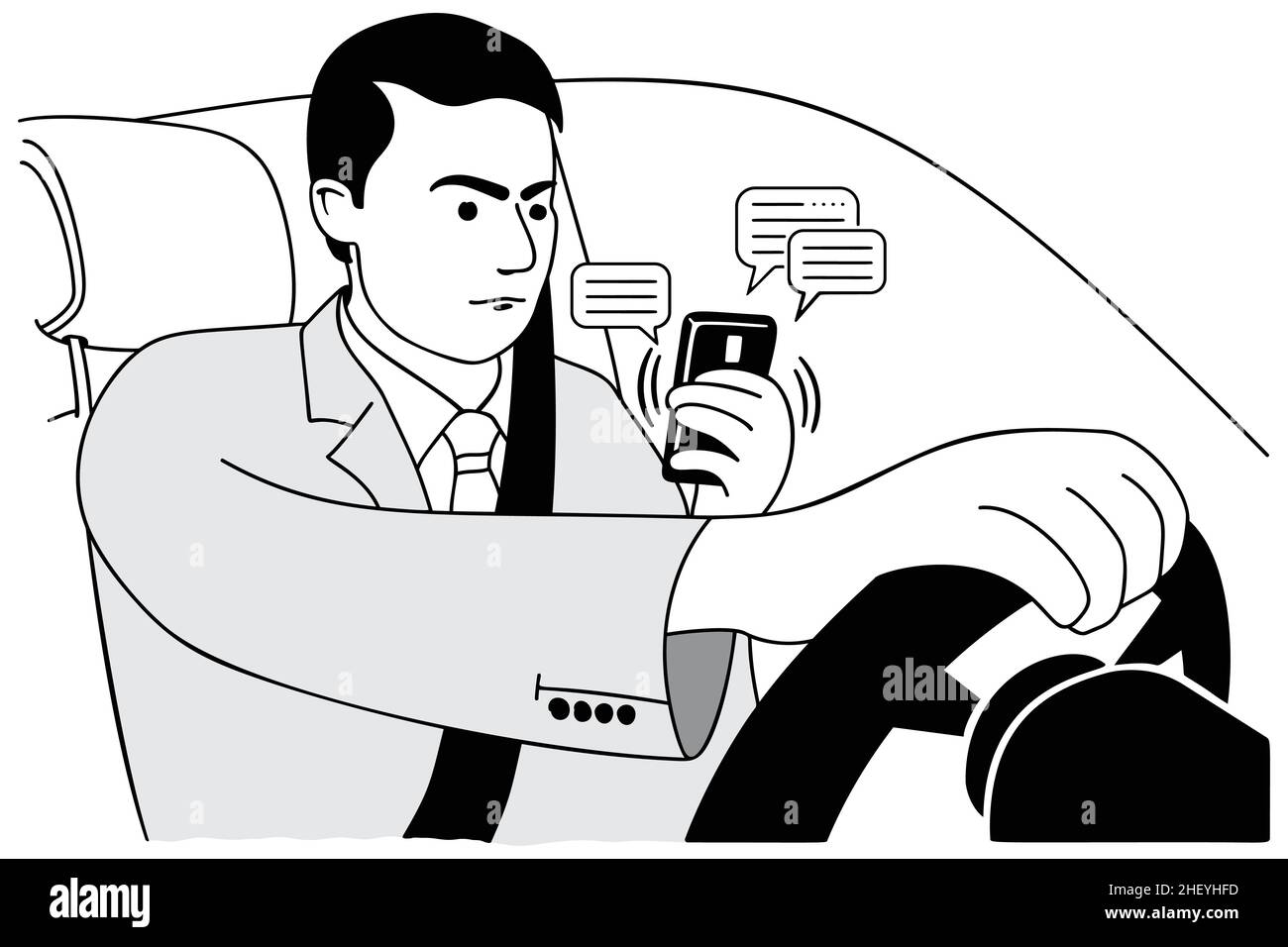 Man Typing Text Message On Mobile Phone While Driving Car. Dangerous ...