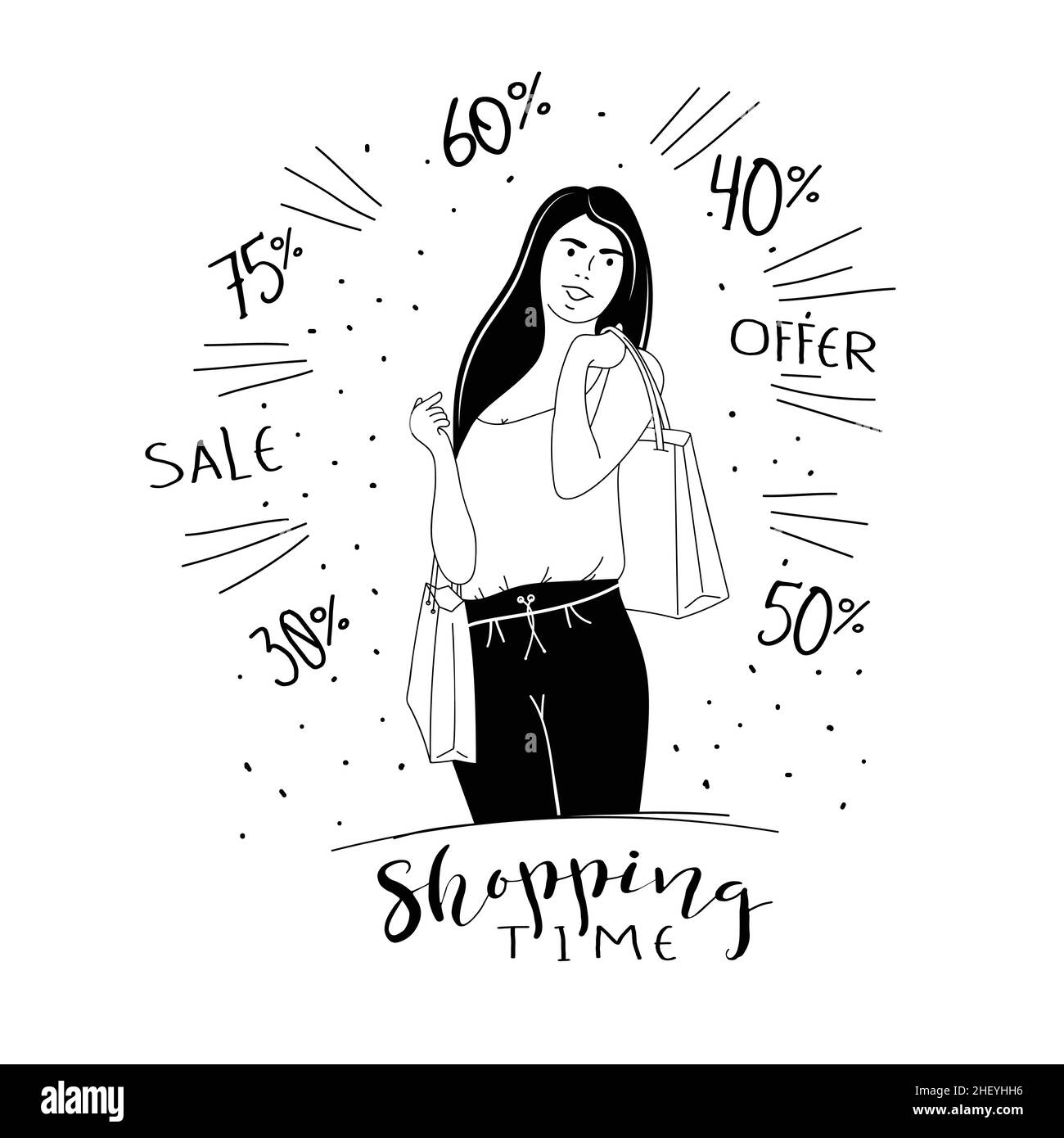 Shopping woman with shopping bags. Shopping time. Vector and ...