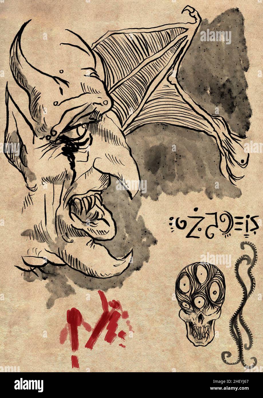 necronomicon like horror illustrated book page illustration Stock Photo ...