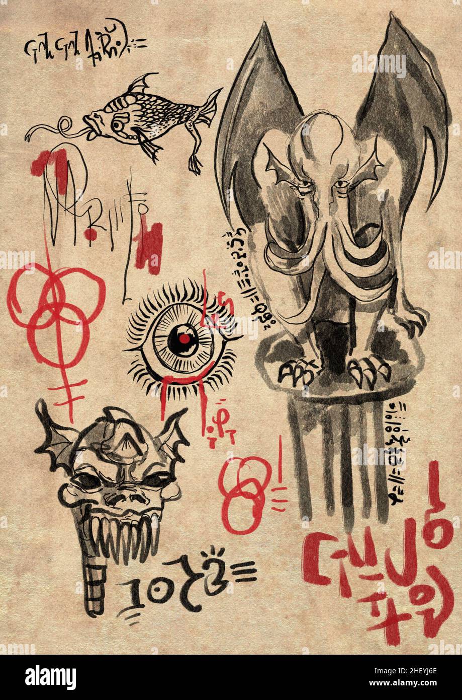 necronomicon like horror illustrated book page illustration Stock Photo ...