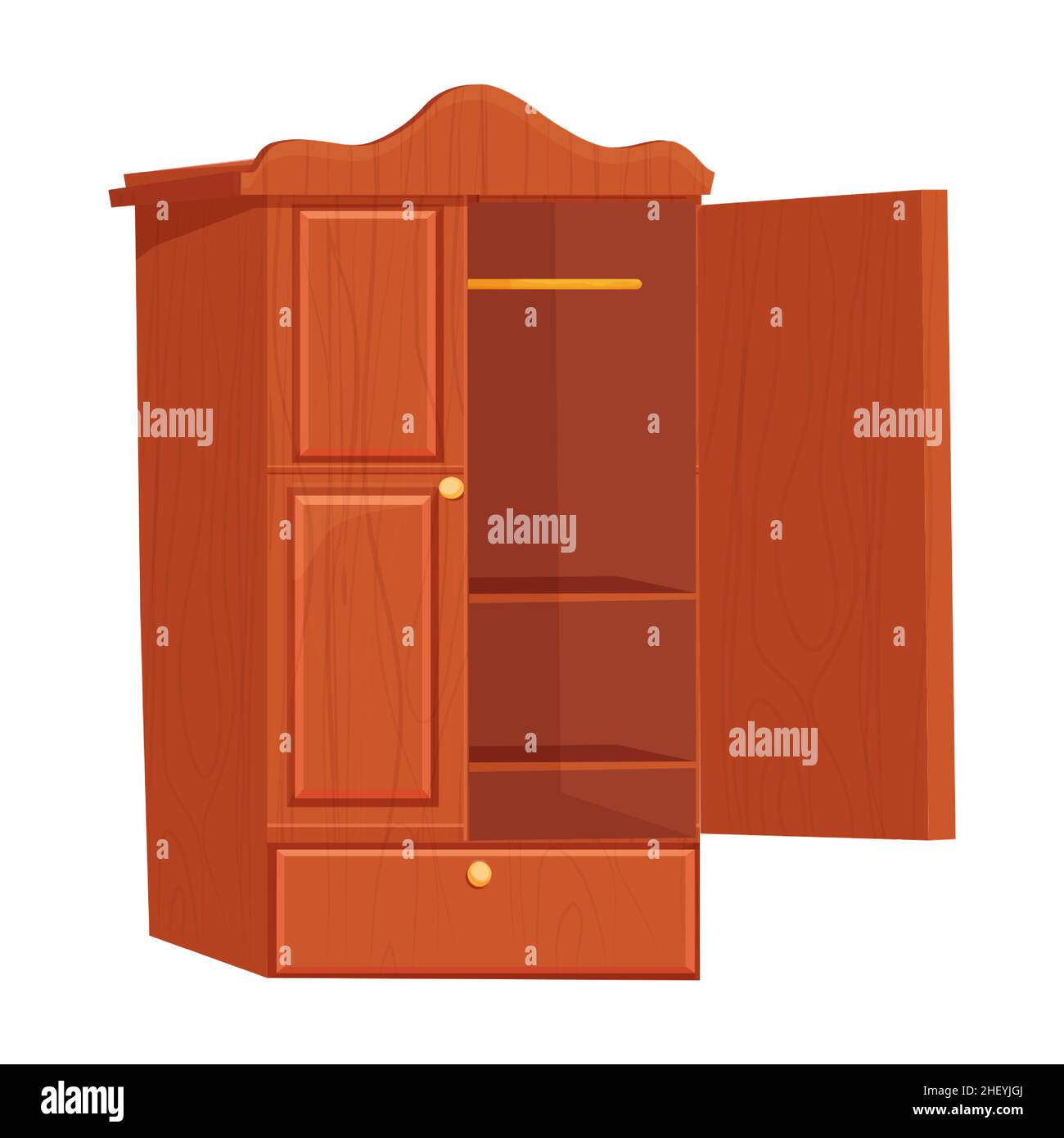Wooden wardrobe empty furniture with shelf in cartoon style isolated on ...