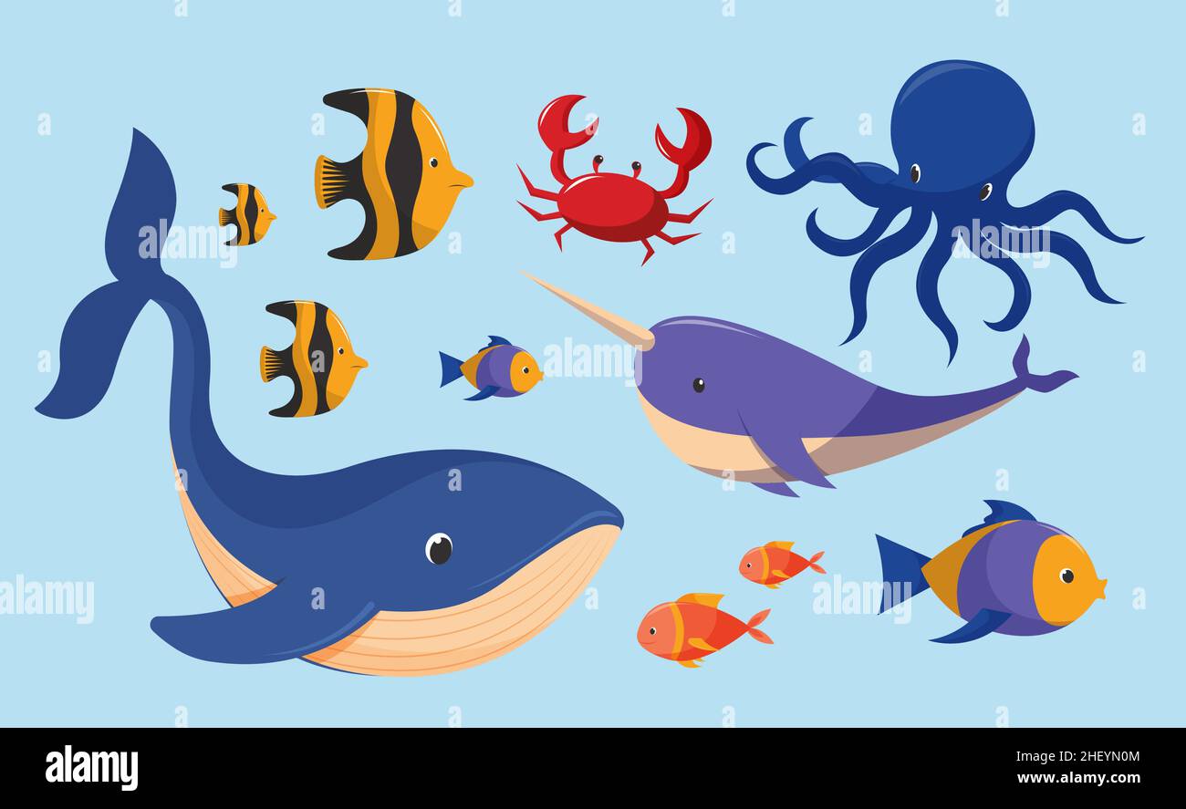 Hand drawn flat design sea animals set Vector illustration Stock Vector ...