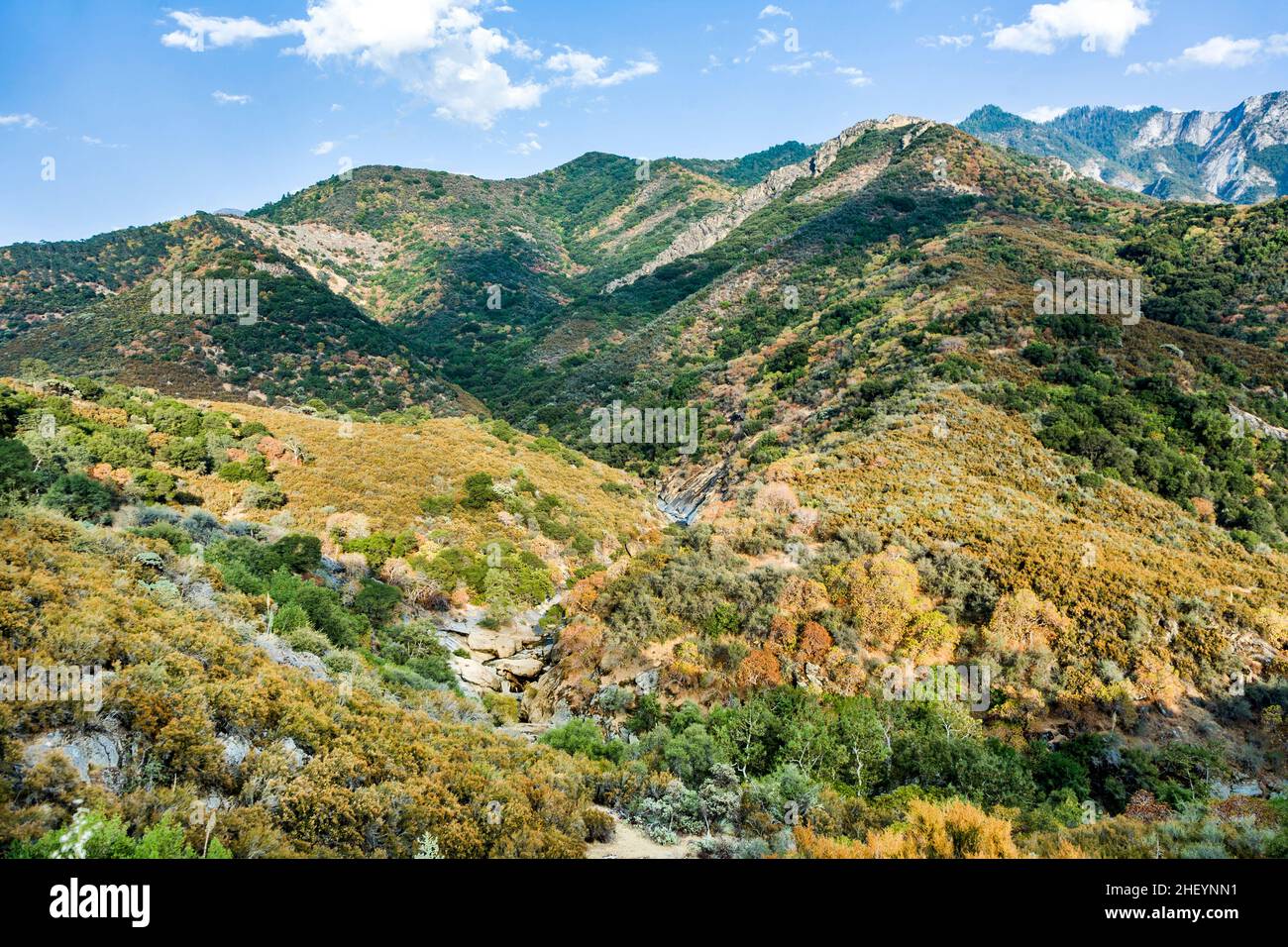 view to valley in sequoia national park with river Kaweah in sunset ...