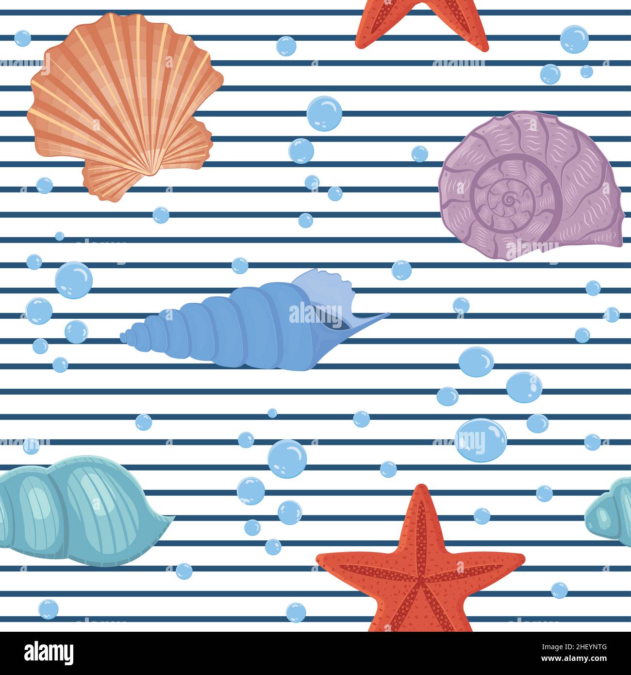 A pattern of seashells of different colors on a white striped ...