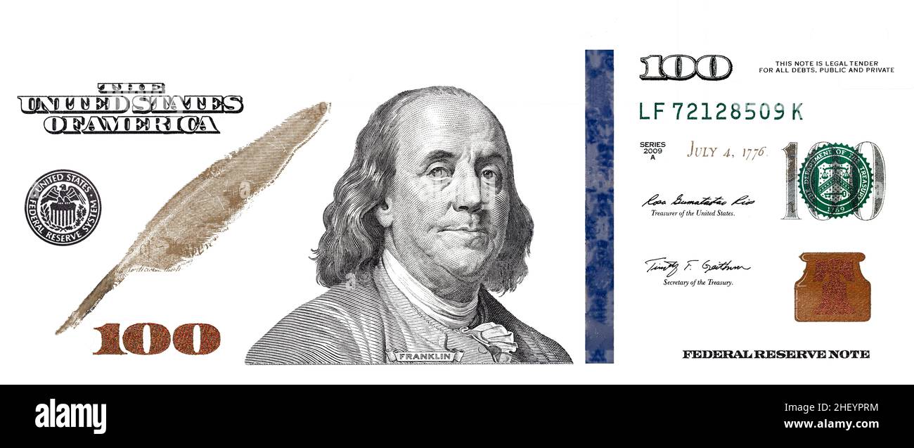 U.S. 100 dollar banknote. Elements for design purpose on white ...