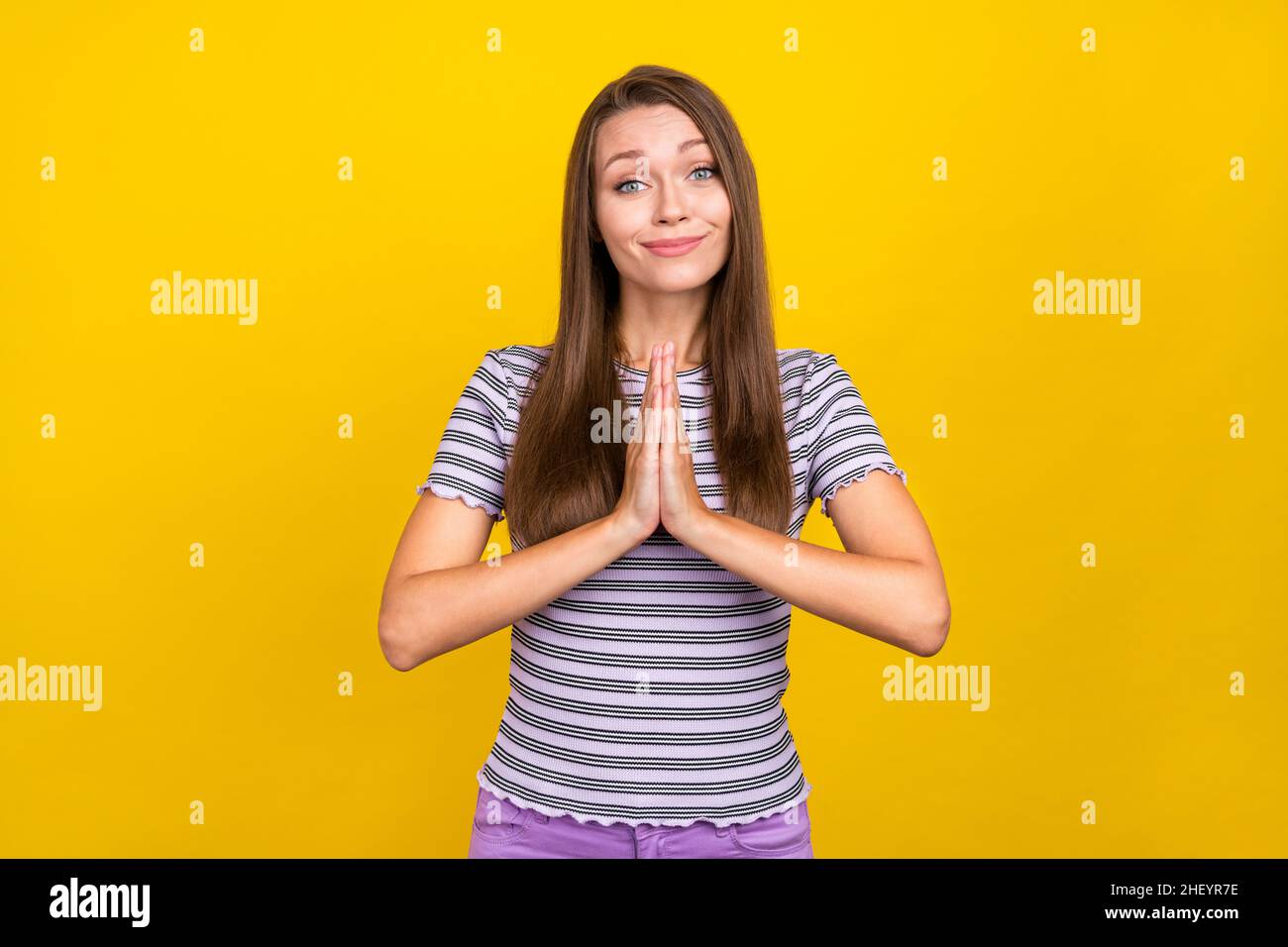 Photo of happy positive charming young woman hold hands together ...