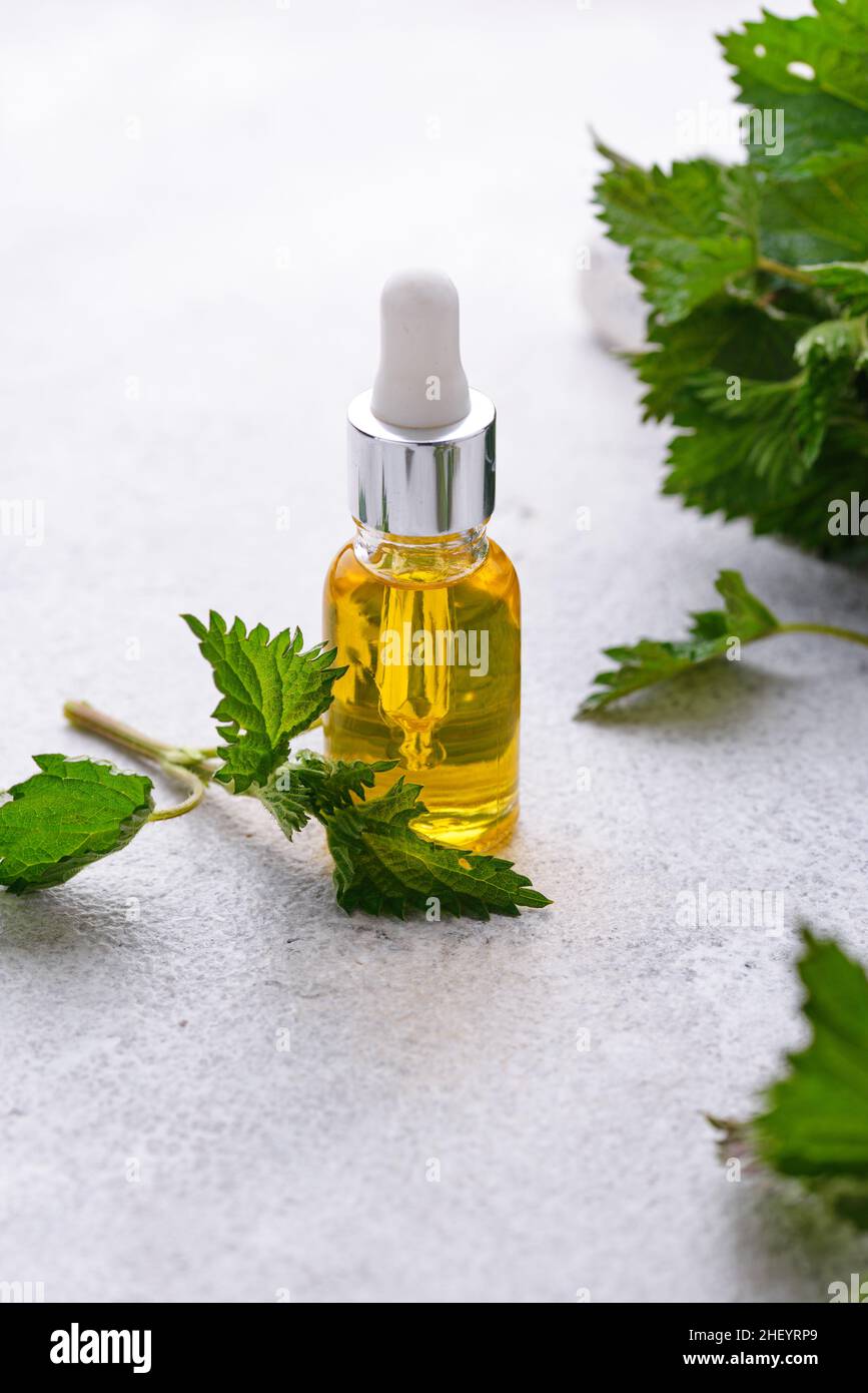 Essential oil from young fresh nettle Stock Photo - Alamy