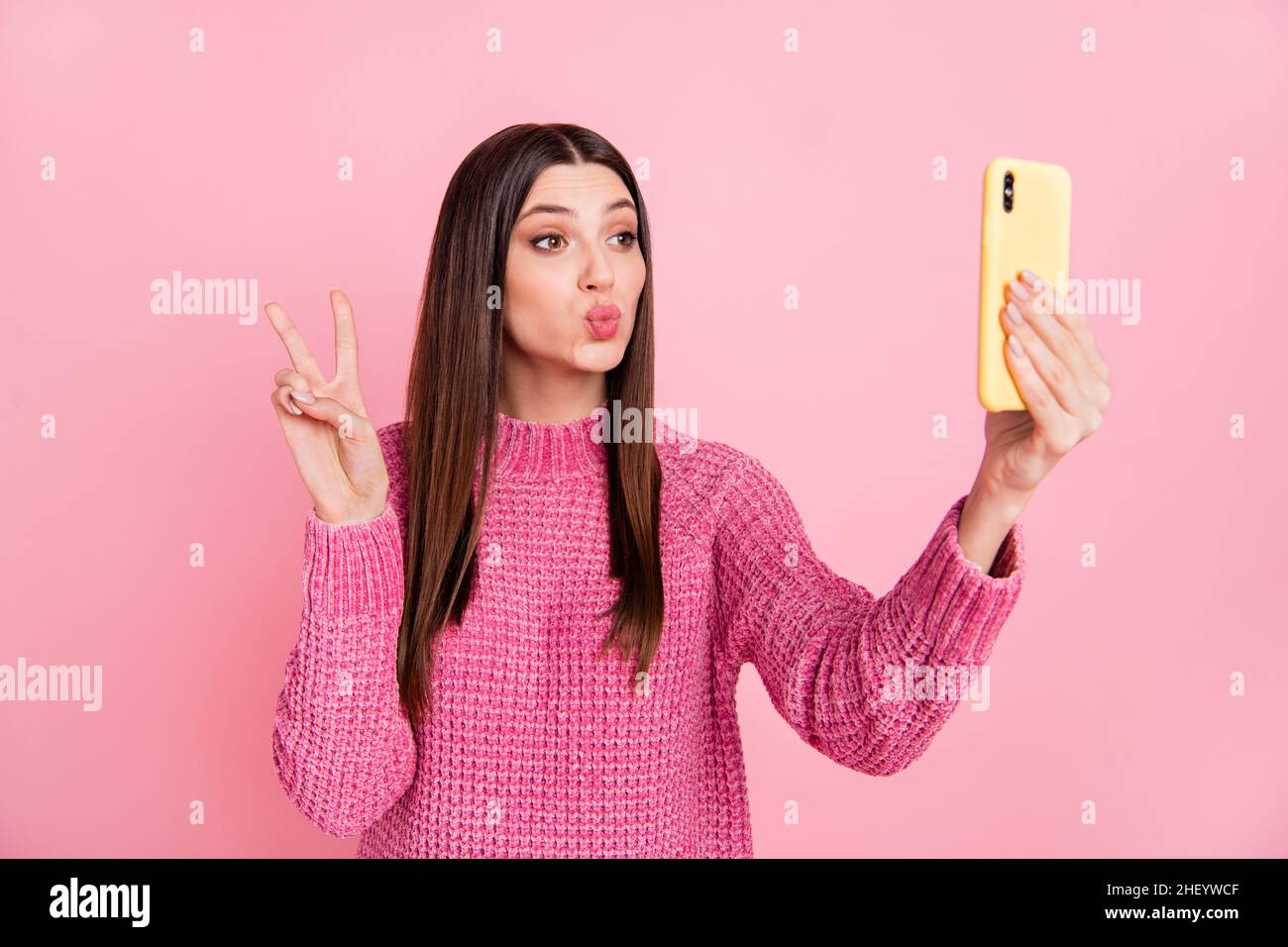 Portrait Of Brunette Optimistic Girl Do Selfie Show V Sign Blow Kiss