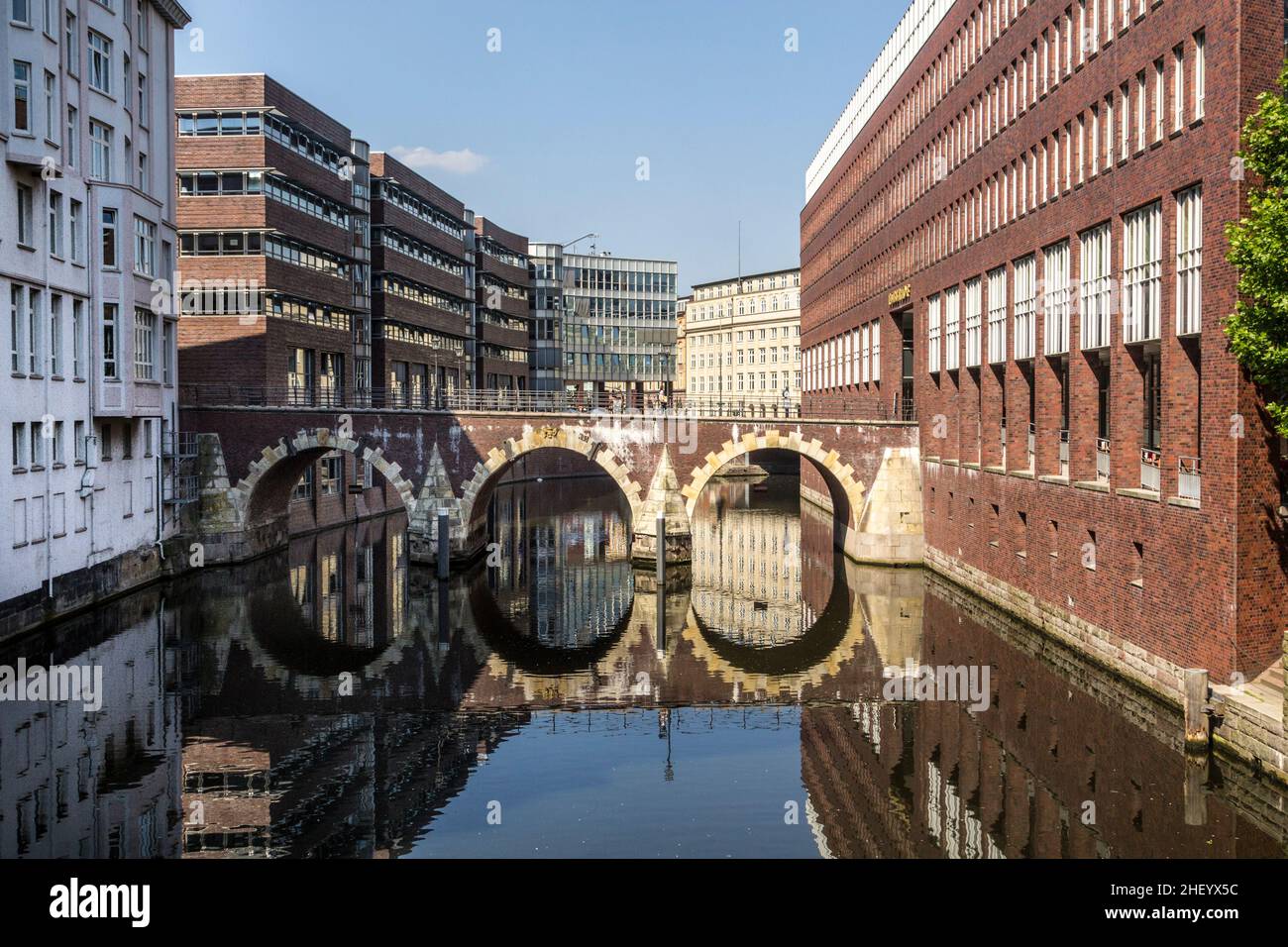 reflection of brick houses and bridge at Alsterfleet Stock Photo - Alamy