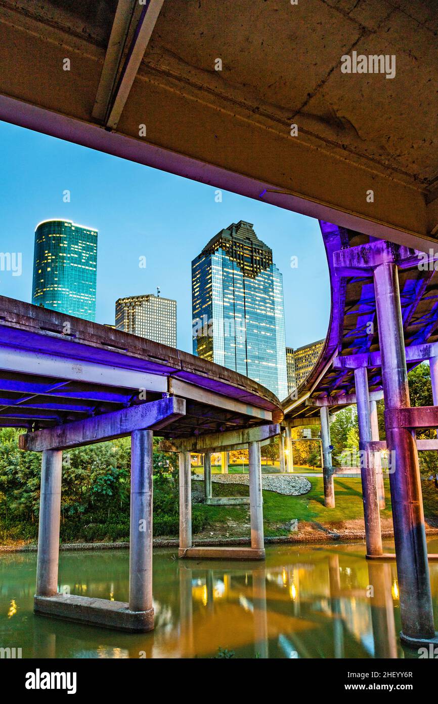 skyline of houston in the evening with bright lights Stock Photo - Alamy