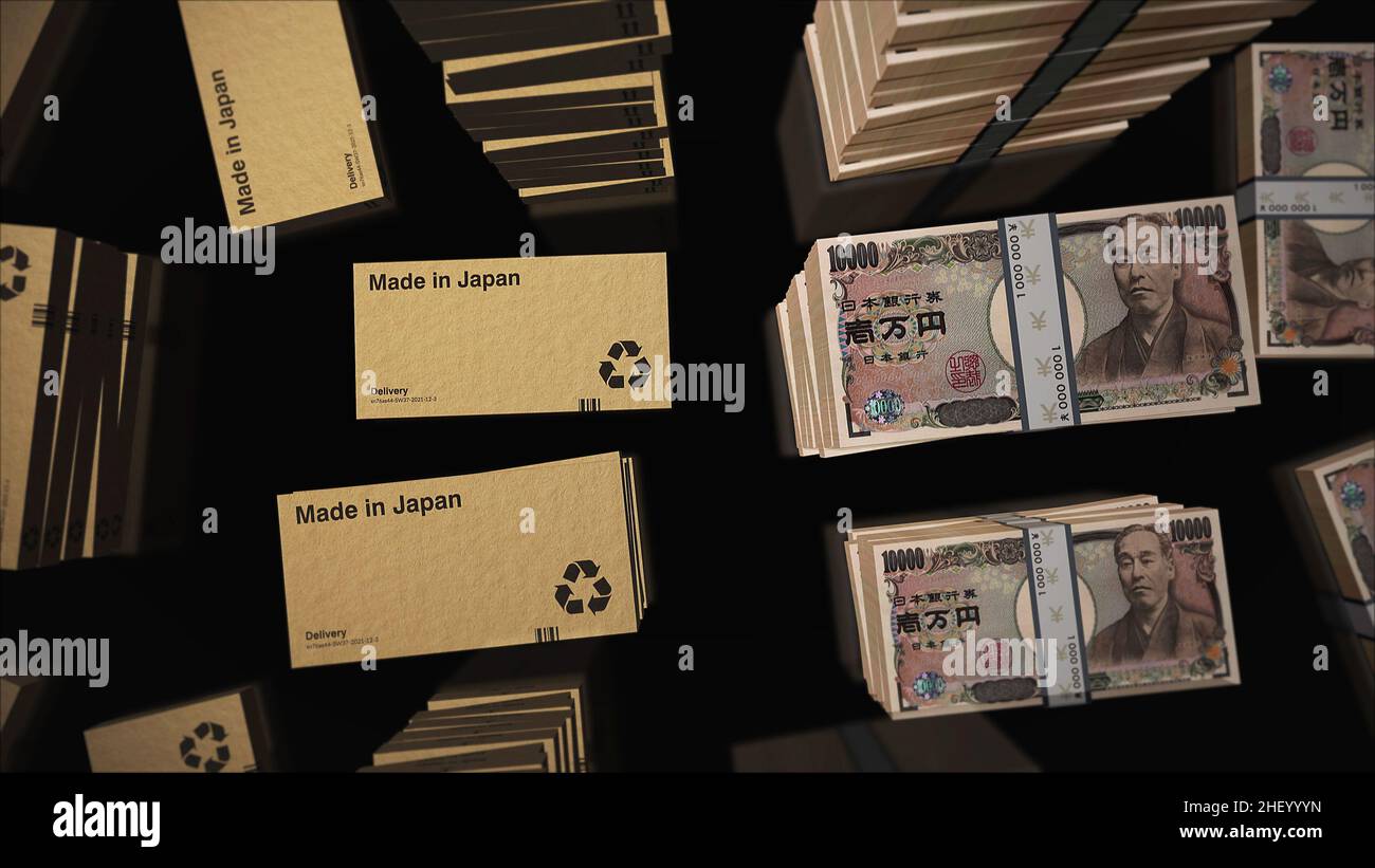 Made in Japan box line with Yen money bundle stacks. Export, trade ...