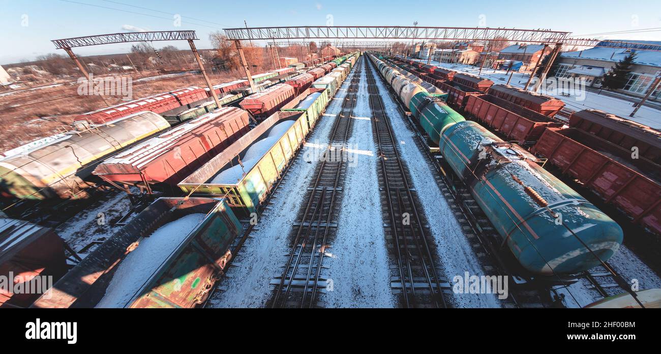Freight trains from a height at the marshalling yard. Delivery of goods ...
