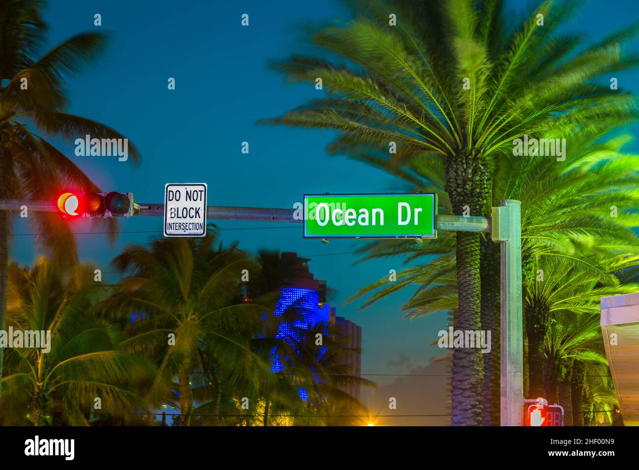 Miami Beach South Beach sunset in Ocean Drive sign Florida Stock Photo ...