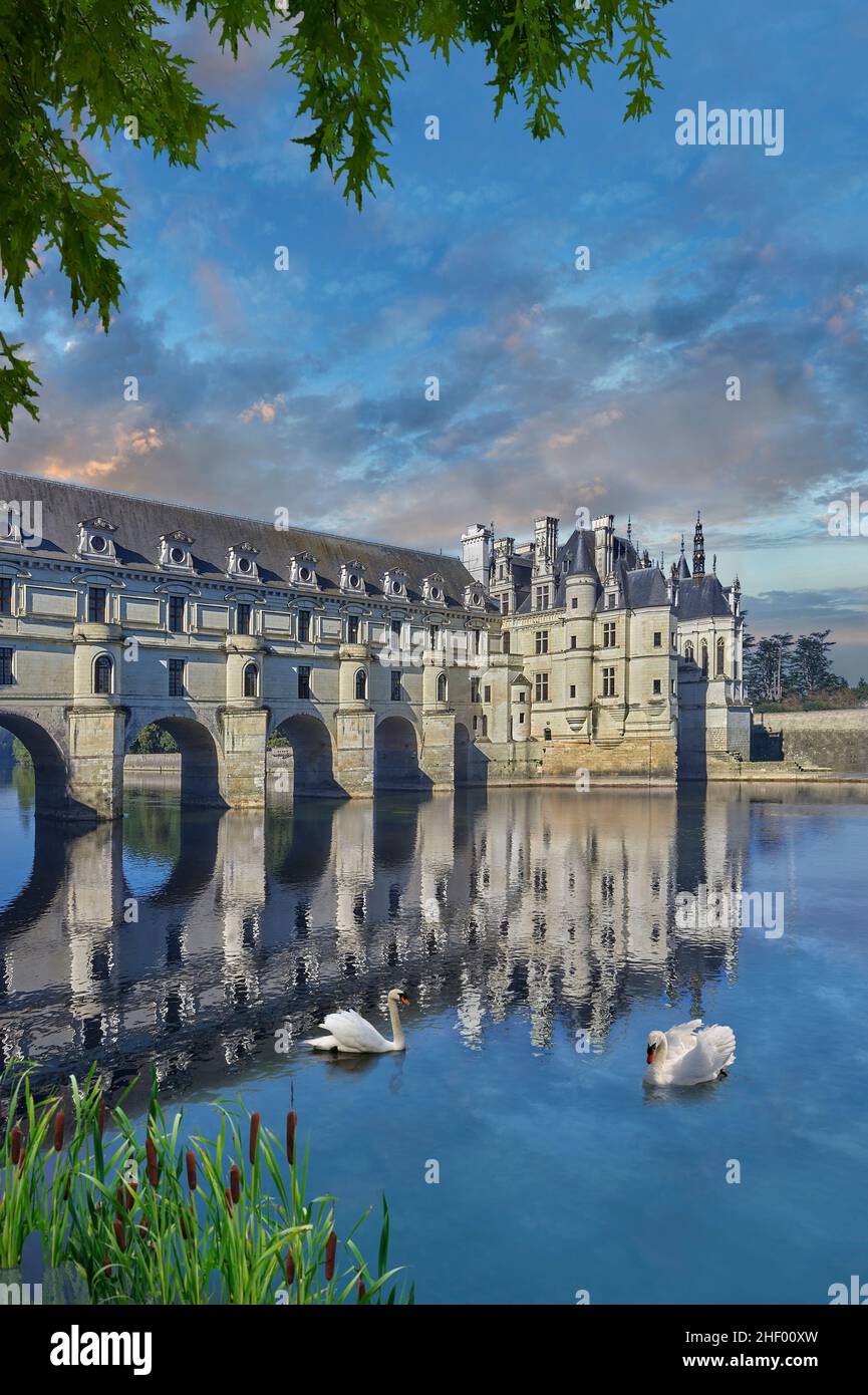 The Renaissance Chateau de Chenonceau spanning the river Cher, Indre-et ...