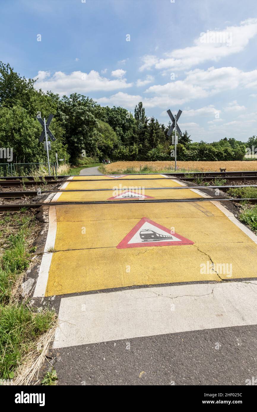 train warning sign at a railroad crossing for pedestrians Stock Photo ...